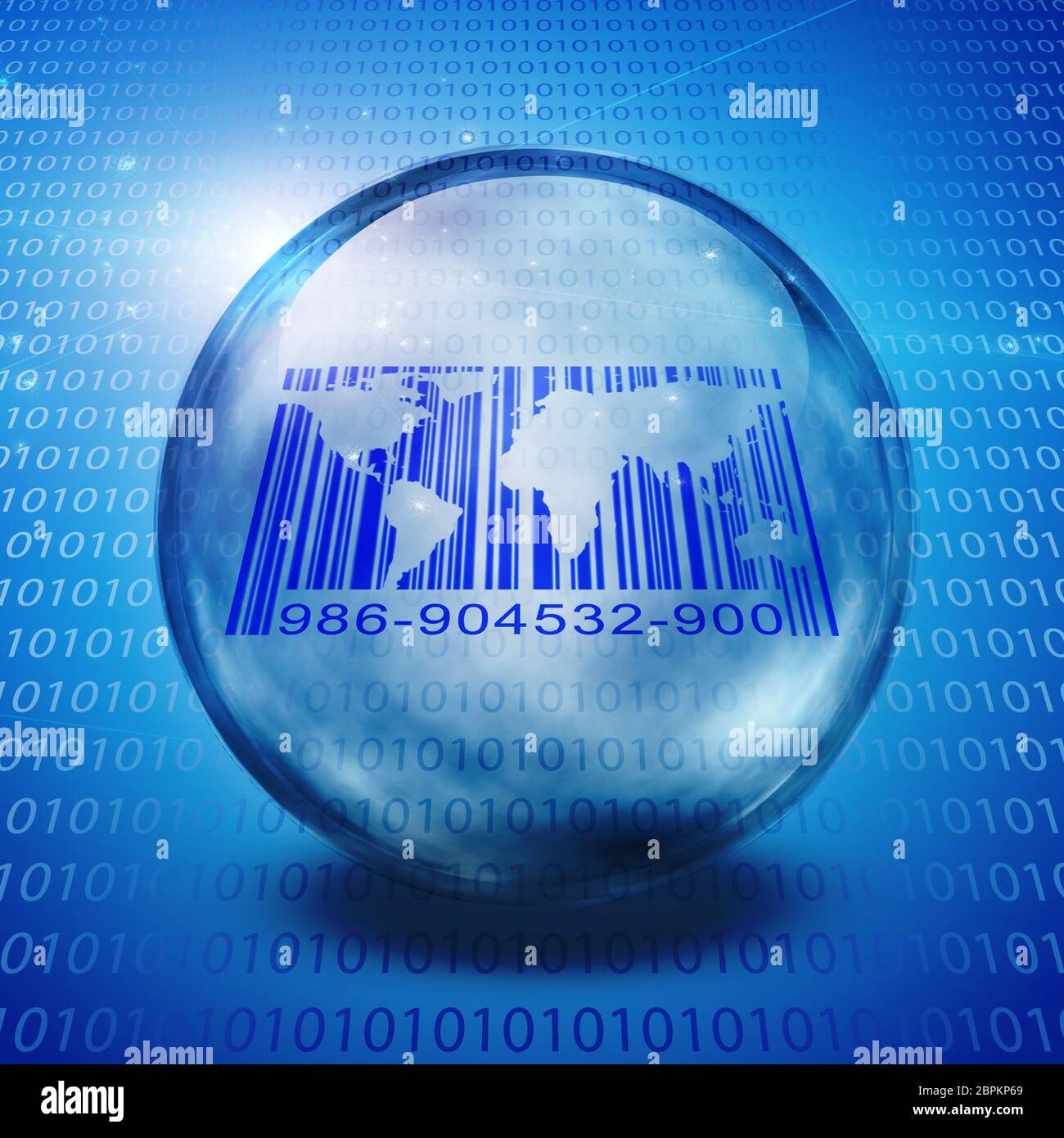 Barcode with world's map inside crystal ball. Binary code background ...