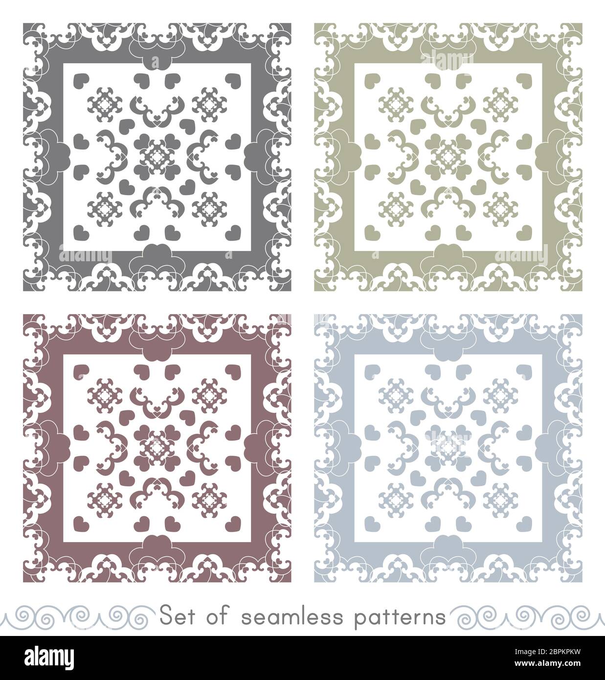 Set of seamless patterns. Fancy frame with hearts. Grey, light blue ...