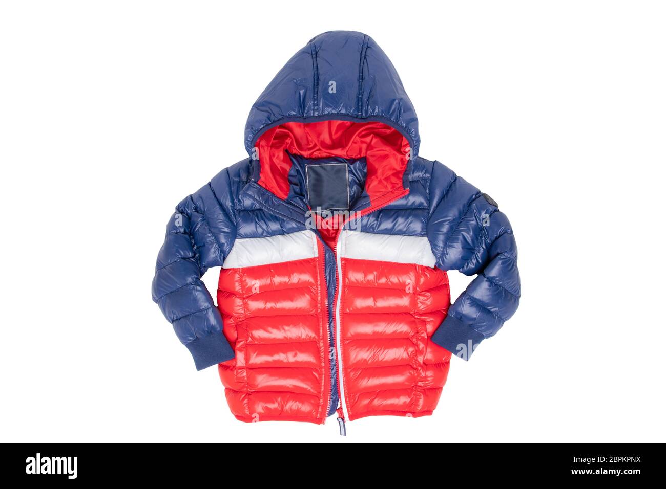 Winter jacket isolated. A stylish blue and red warm down jacket with ...