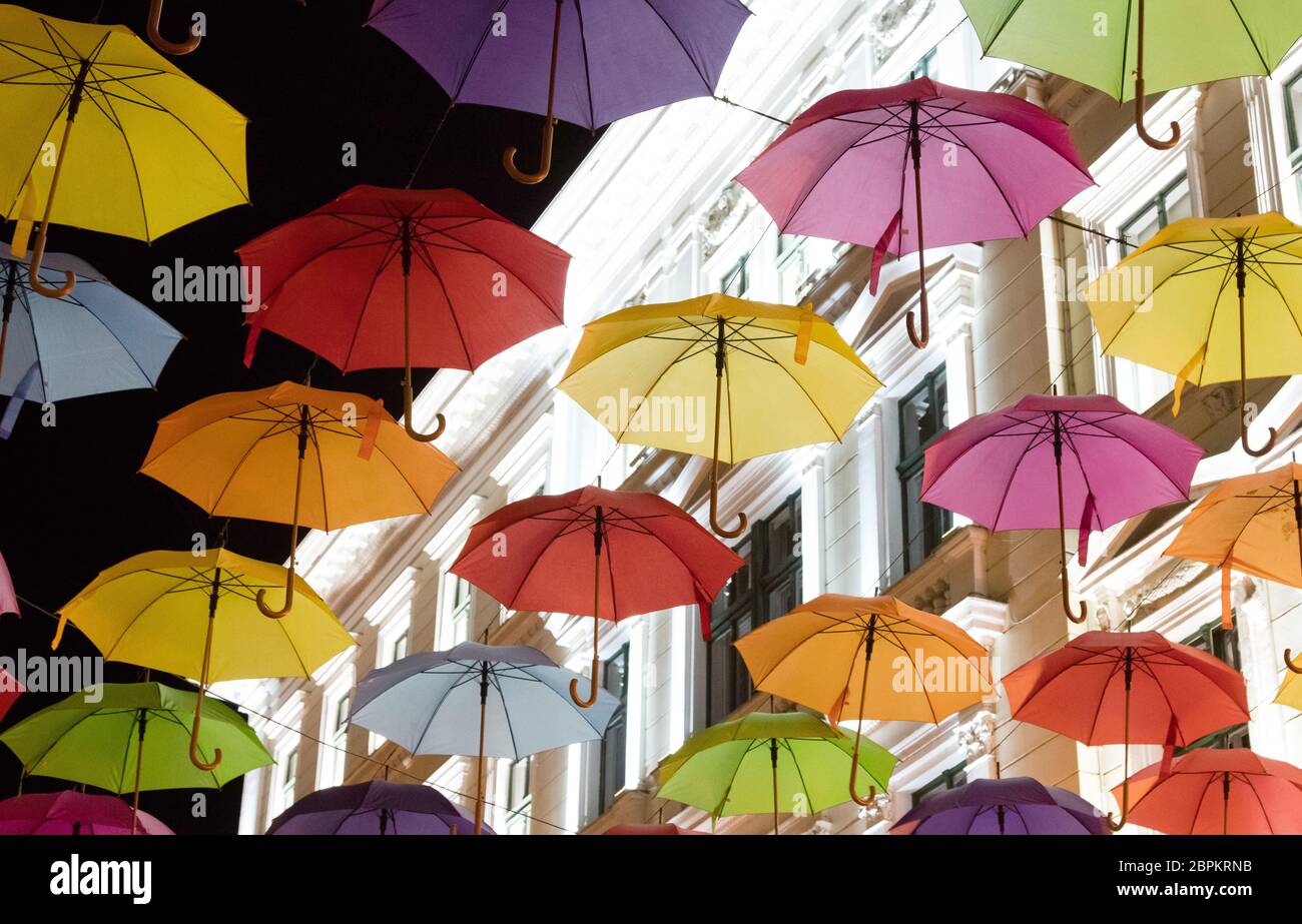 Many multiple colors umbrella with night sky background decorate in the ...