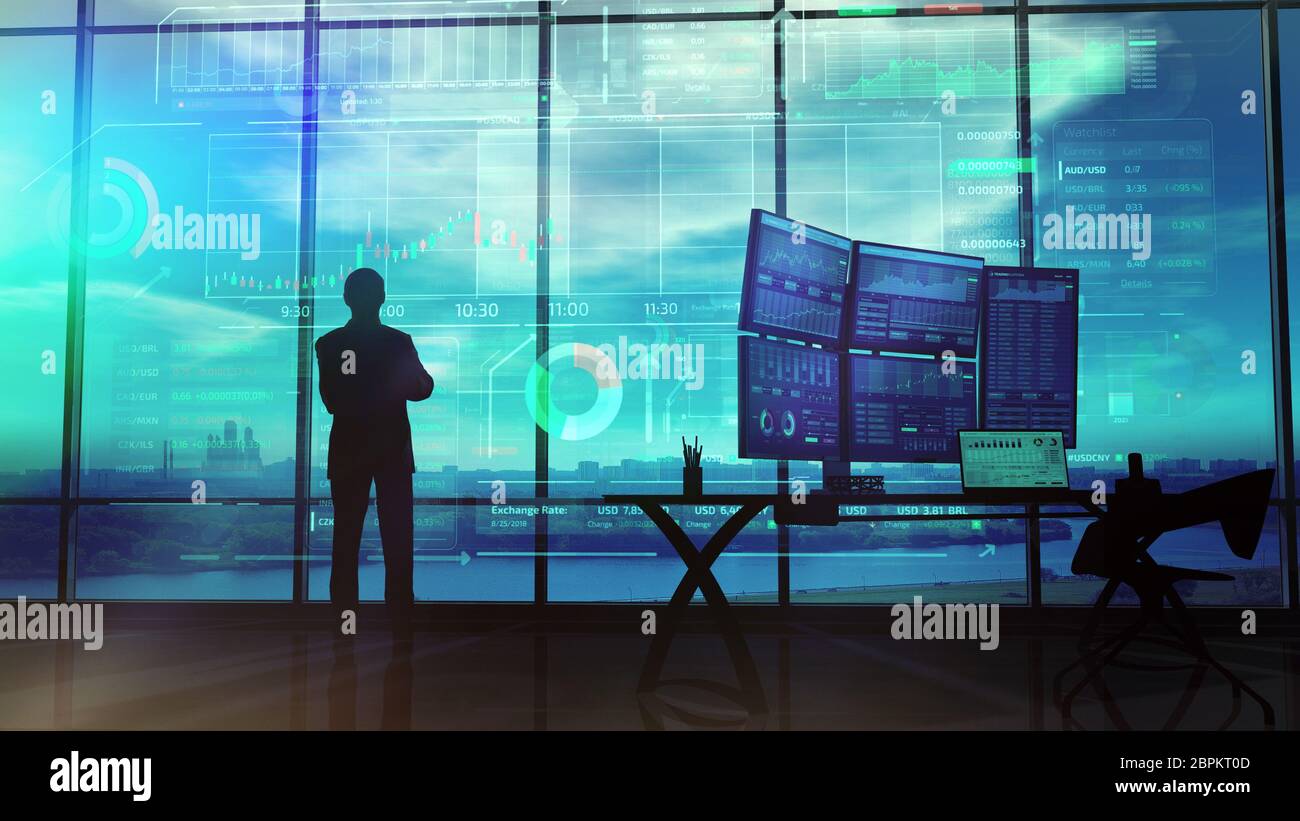 In an office with large windows, there is a silhouette of a trader ...