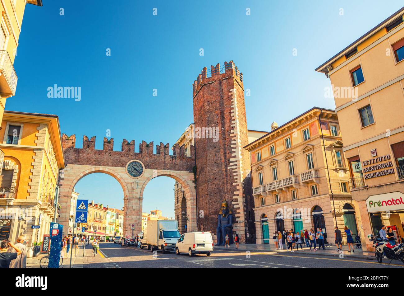 Verona, Italy, September 12, 2019: Portoni della Bra gate with merlons ...
