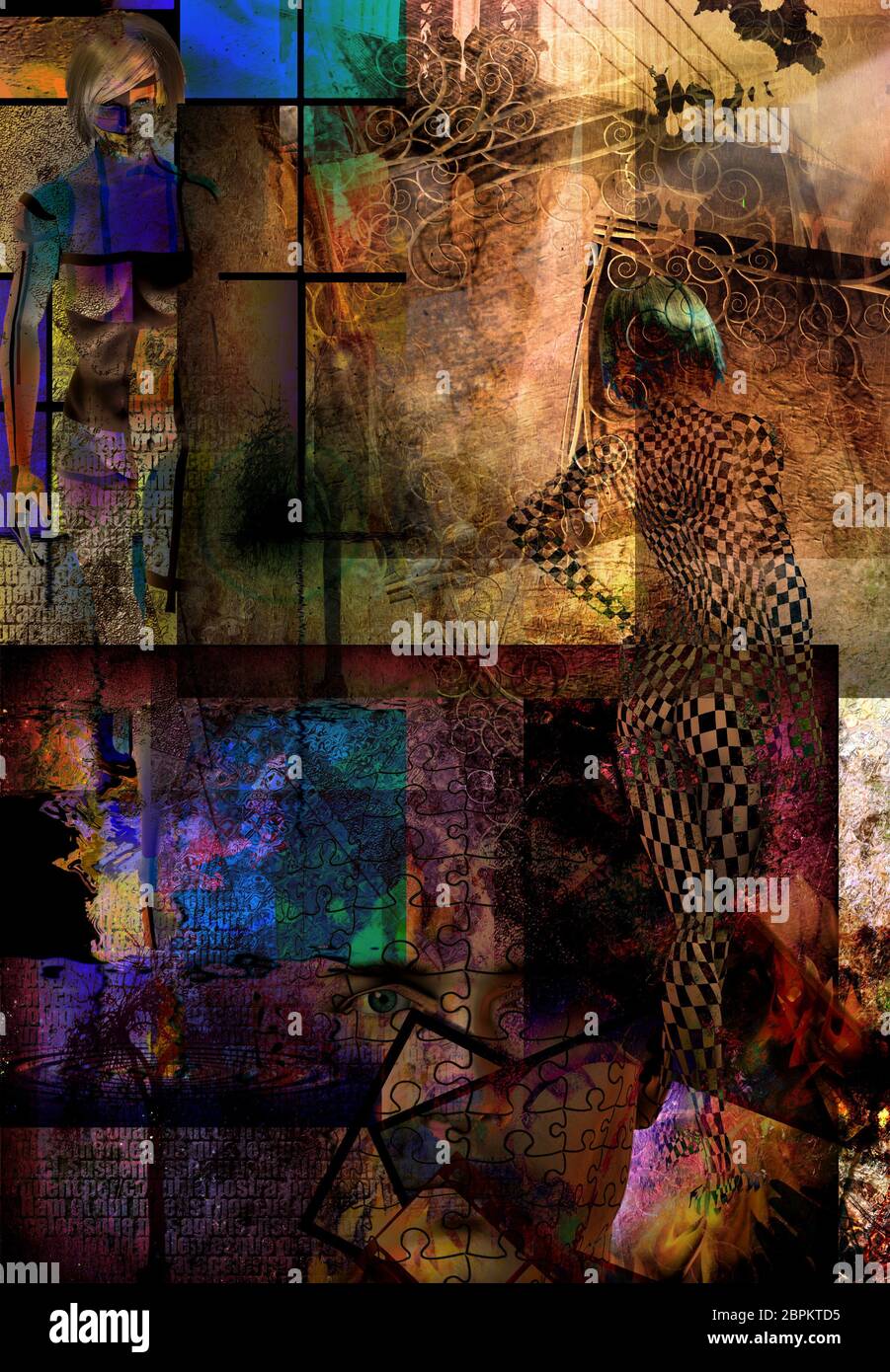 Abstract composition. Man face with puzzle pattern. Film frames and ...