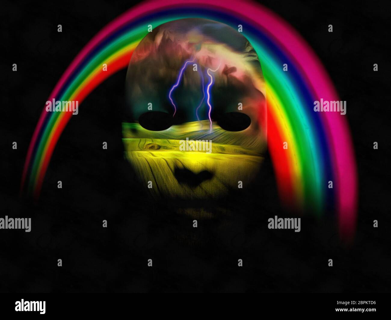 Surreal painting. Mask with image of field. Rainbow on a background ...