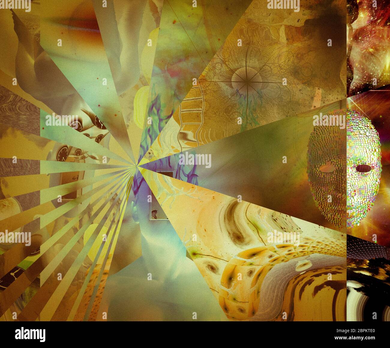 Jeweled mask, human face with open door. Angular shapes with eye and ...