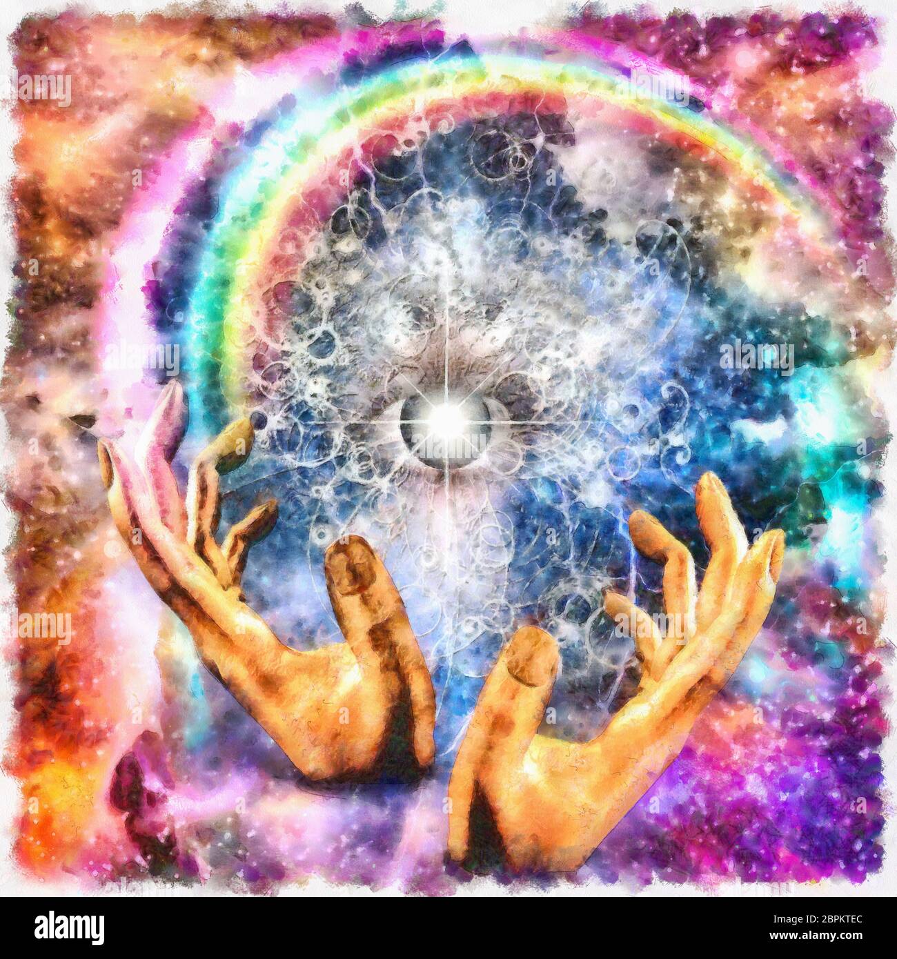 Colorful spiritual painting. All seeing eye and hands of God Stock ...