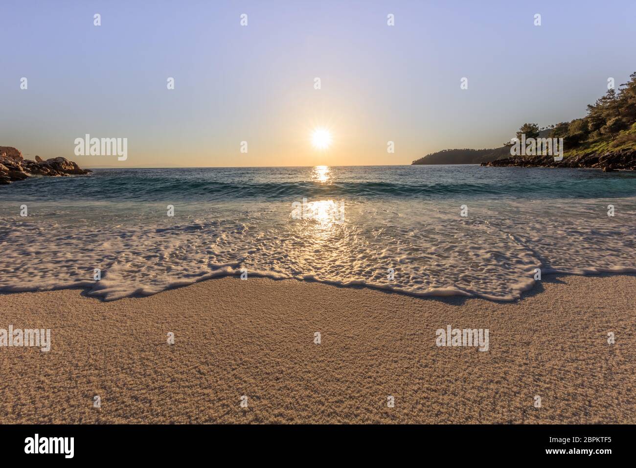 sunrise in Marble beach (Saliara beach), Thassos Islands, Greece. The ...
