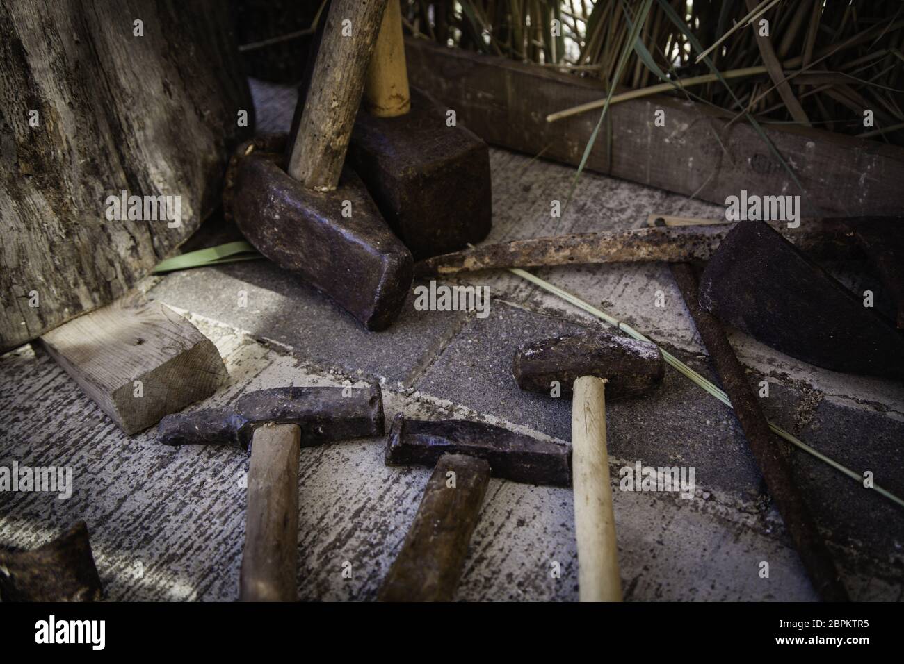 Old tools for carving stone of handmade way, detail of old manual craft ...