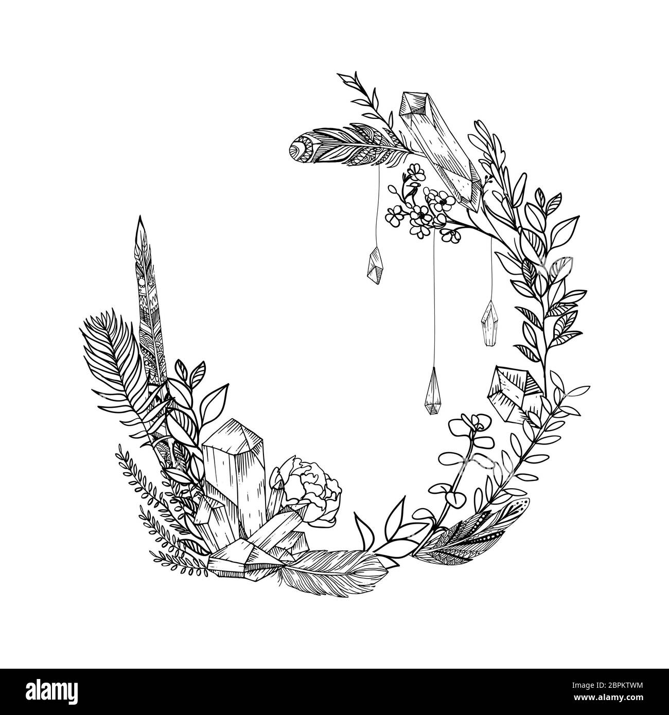vector floral frame with leaves, flowers, feathers and gems. Sketch ...