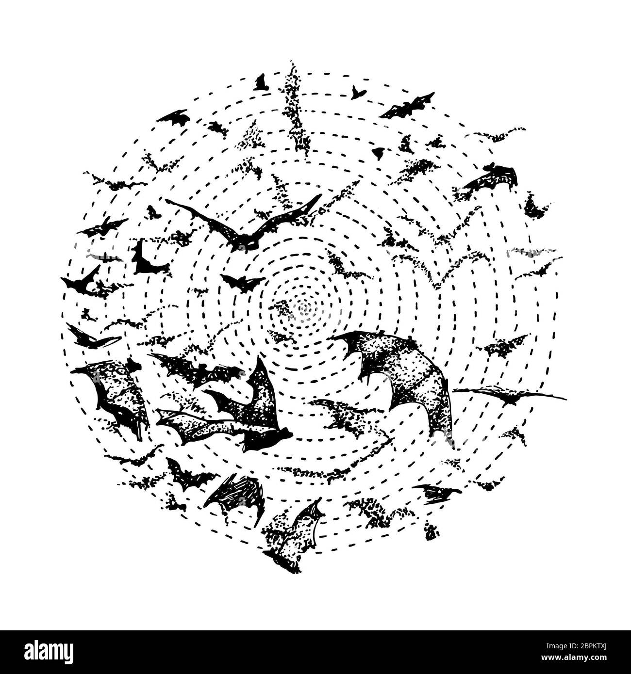 Hand drawn vector illustration. Swarm of bats on the white background ...