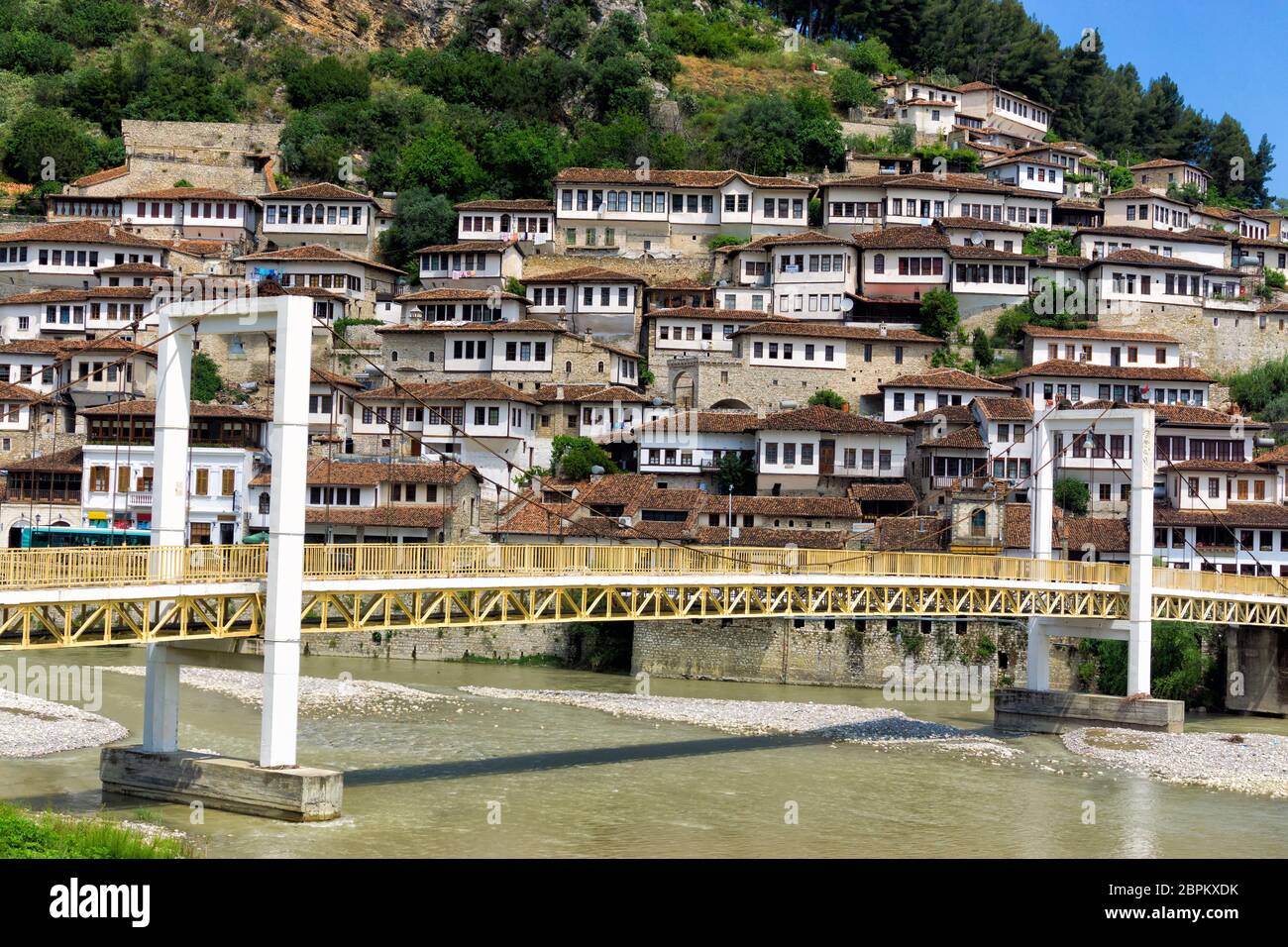 View of bridge and the historic town of Berat, Albania with the Osum ...