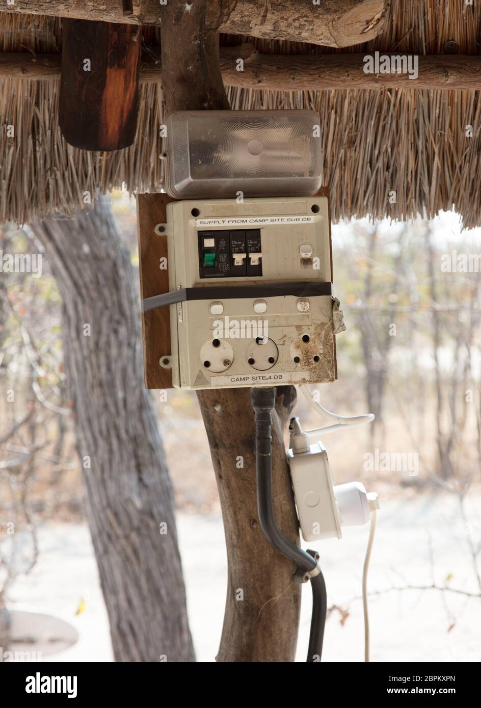 Power supply on a campsite in Botswana - Selective focus Stock Photo ...