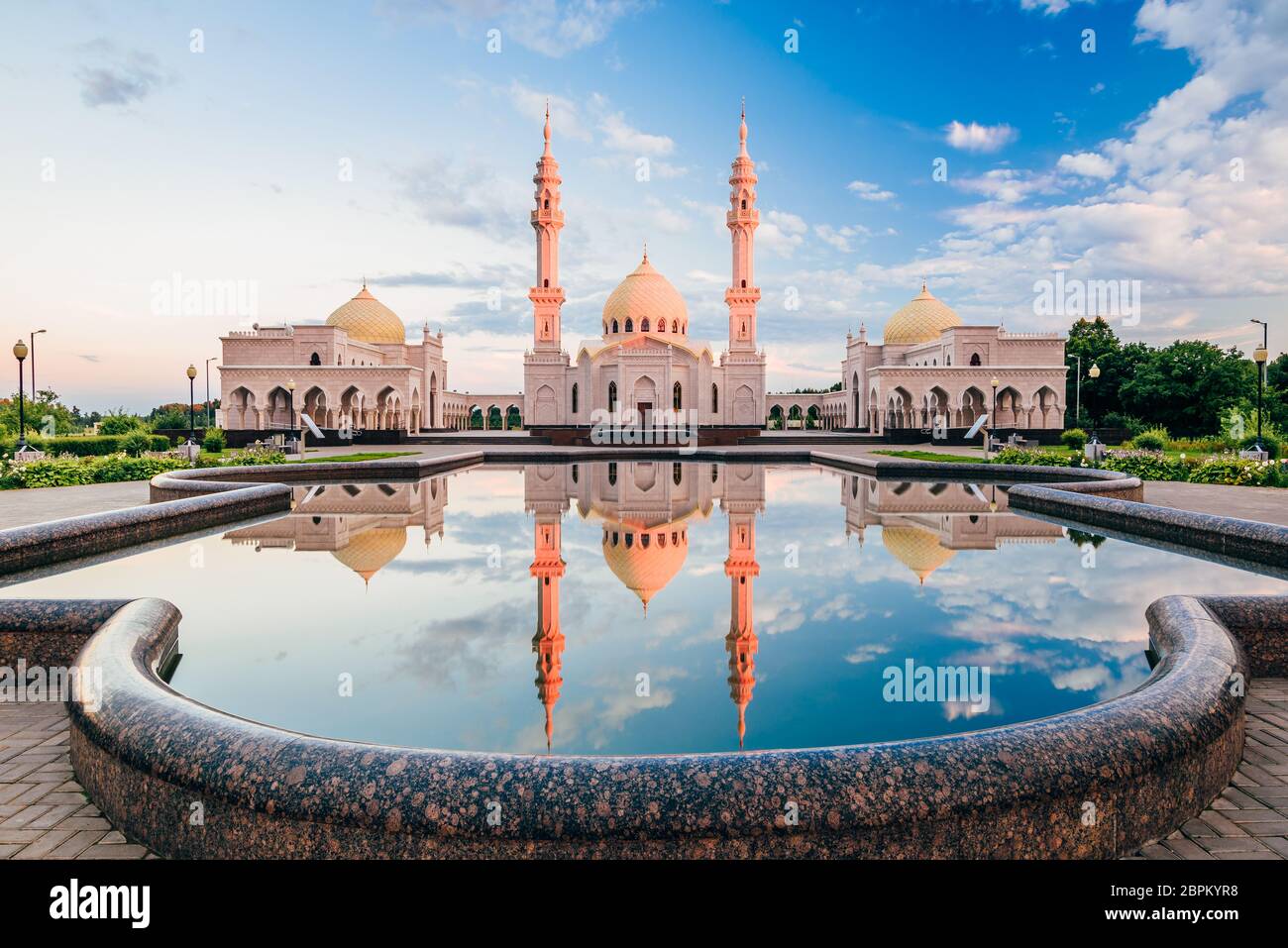 Beautiful White Mosque with Domes and Minarets at Sunset Light ...