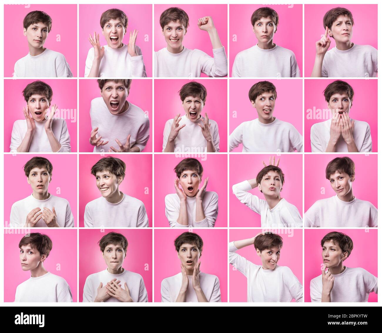 Different emotions collage. Set of young emotional woman over pink ...