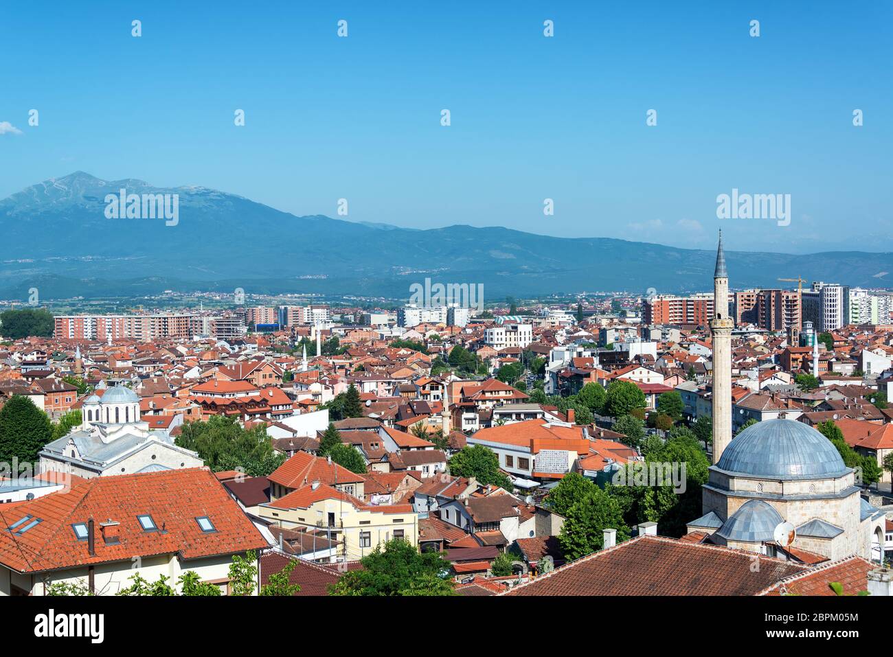 Historic city center of Prizren, Kosovo with a church and a mosque ...
