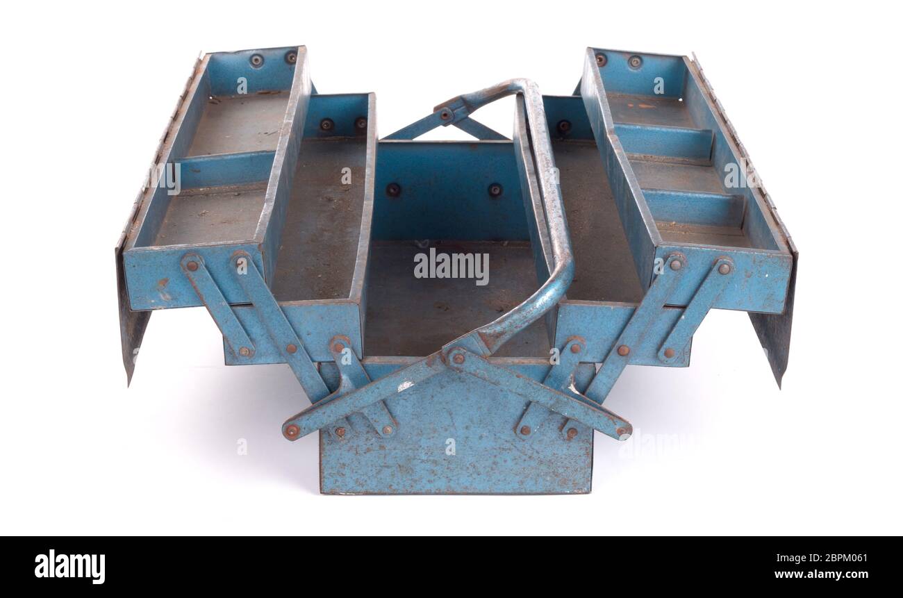 Old metal toolbox, isolated on a white background Stock Photo - Alamy