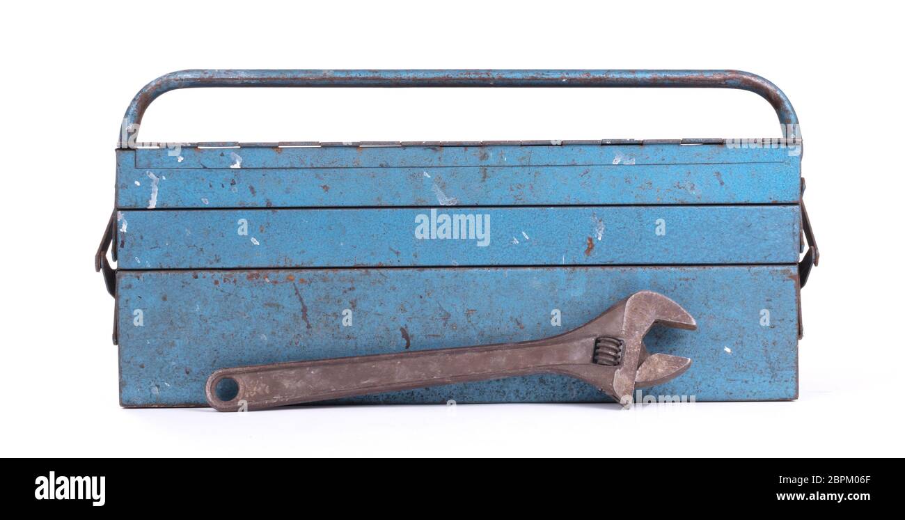 Old metal toolbox, isolated on a white background Stock Photo - Alamy