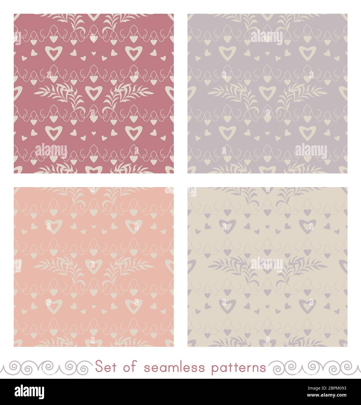 Set of seamless patterns with hearts, little hearts and leaves. Color ...