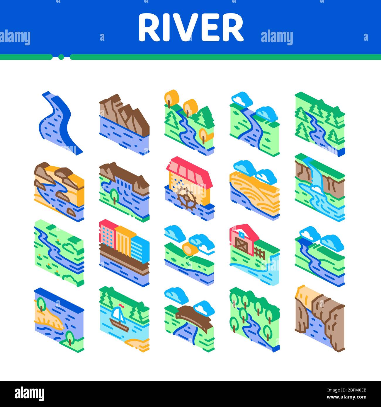 River Landscape Isometric Icons Set Vector Stock Vector Image & Art - Alamy