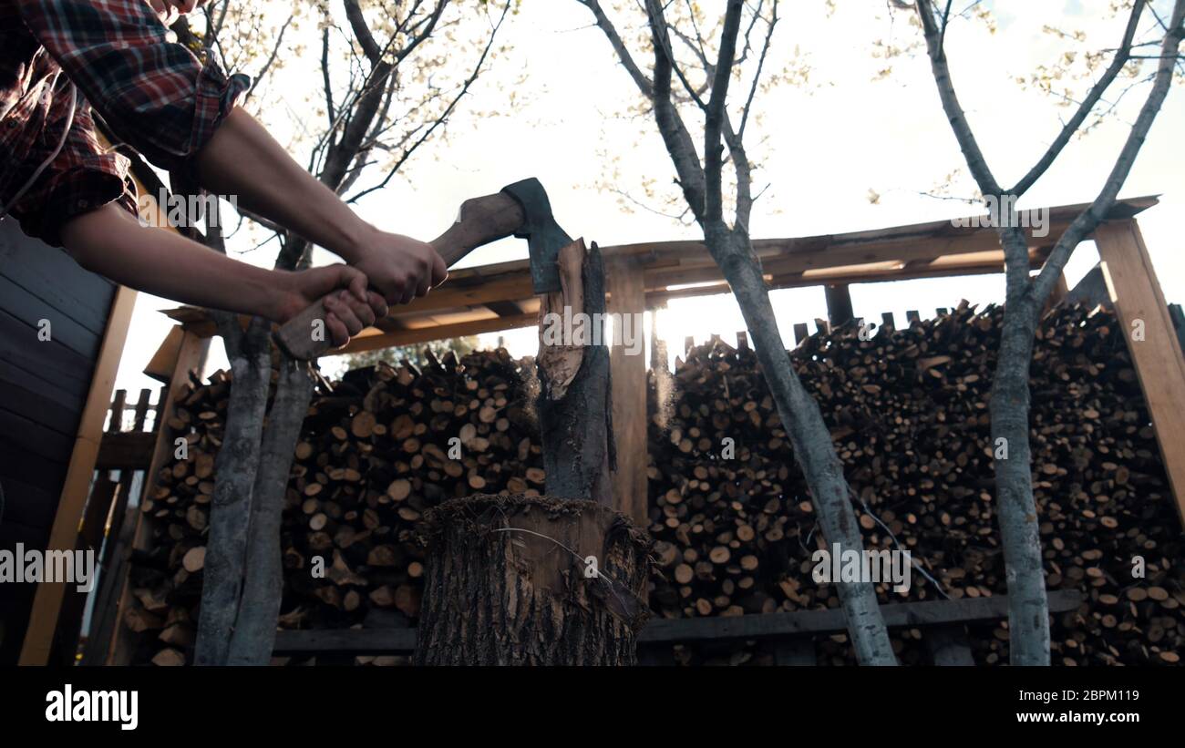 Chopping wood with an ax in woodpile - the ax stuck in the log. Mid ...