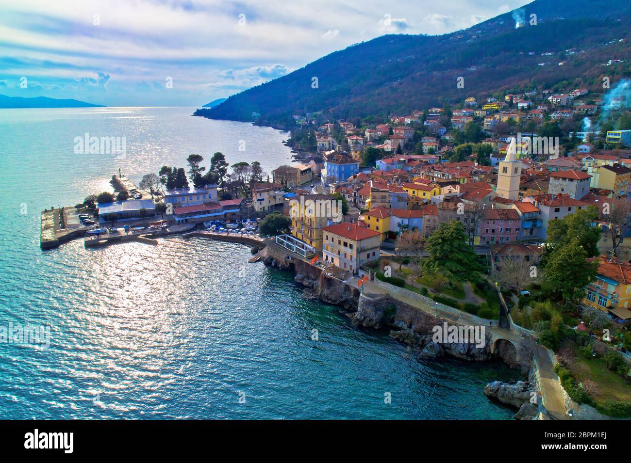Town of Lovran and Lungomare sea walkway aerial panoramic view, Kvarner ...