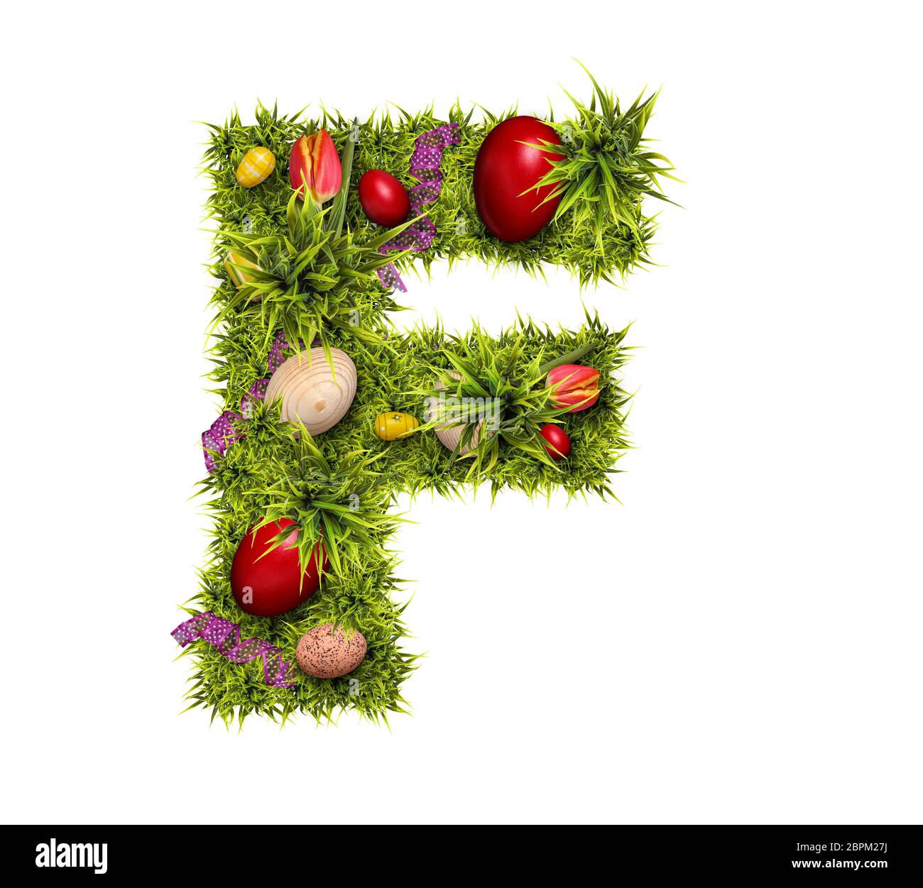 Easter holiday letter F made of fresh green grass and Easter eggs ...