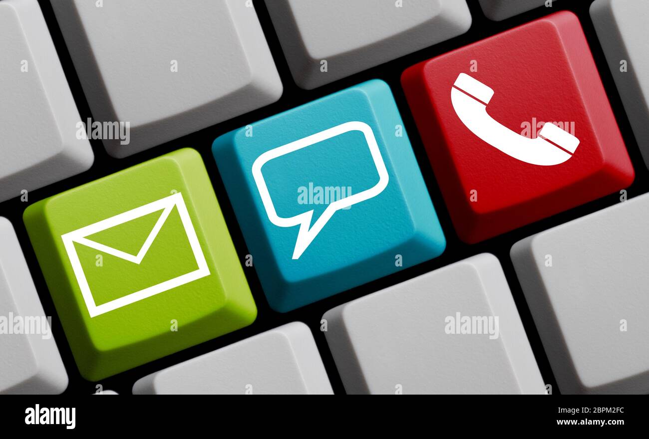 Colorful computer keyboard with 3 contact icons for mail phone and ...