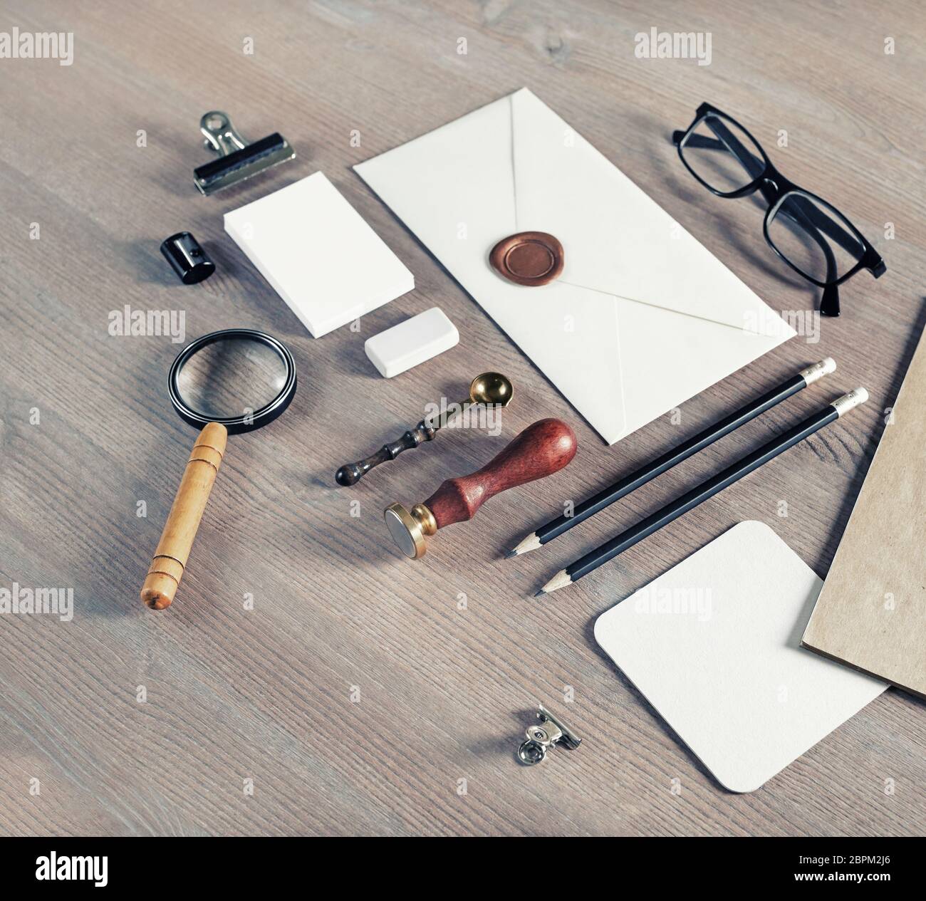 Blank retro stationery wood table background. Template for your design ...