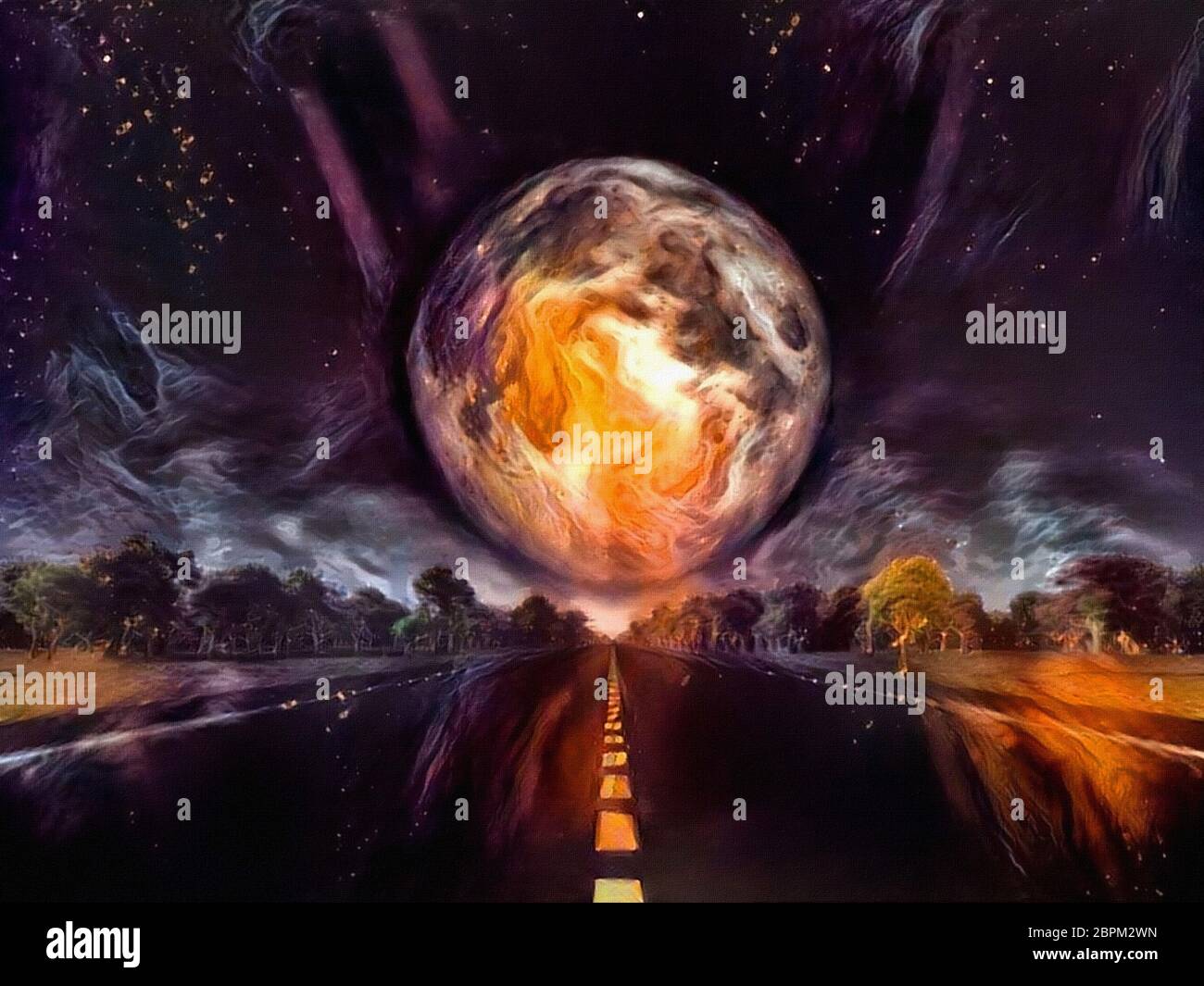 Vivid painting. Full moon over highway Stock Photo - Alamy