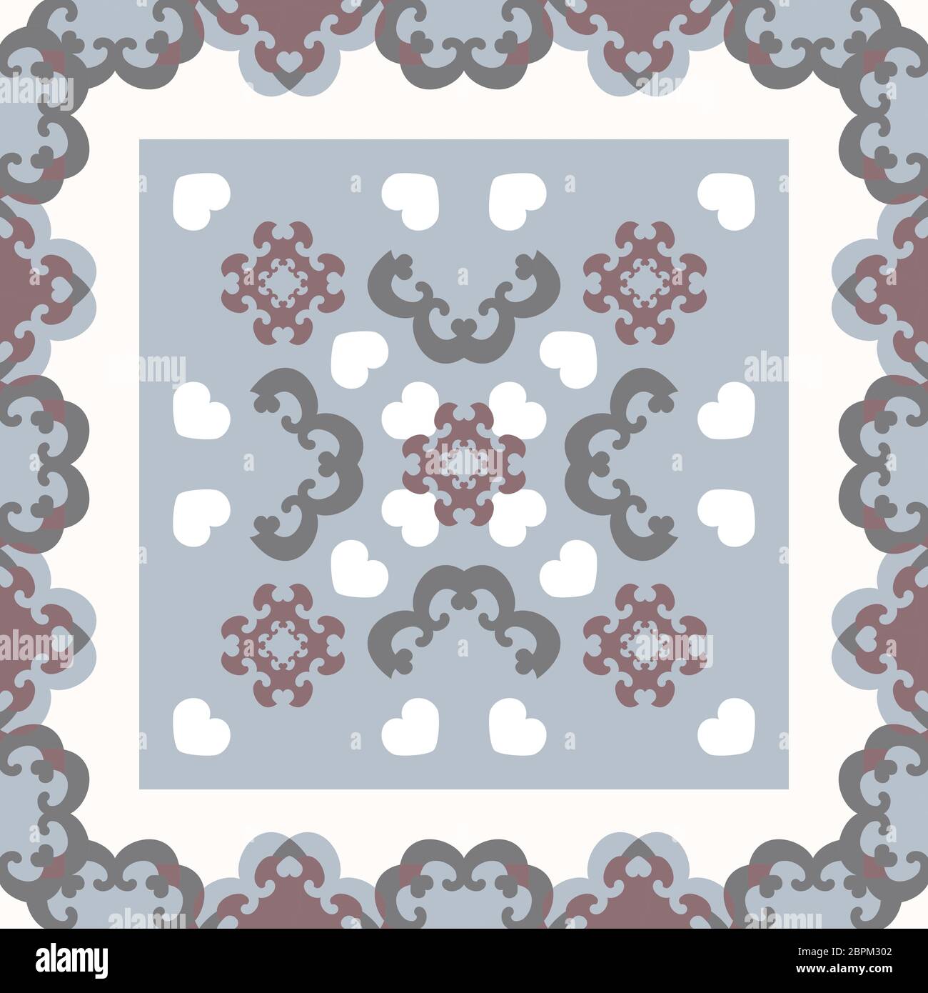 Seamless pattern. Fancy frame with hearts. White, grey, light blue, and ...