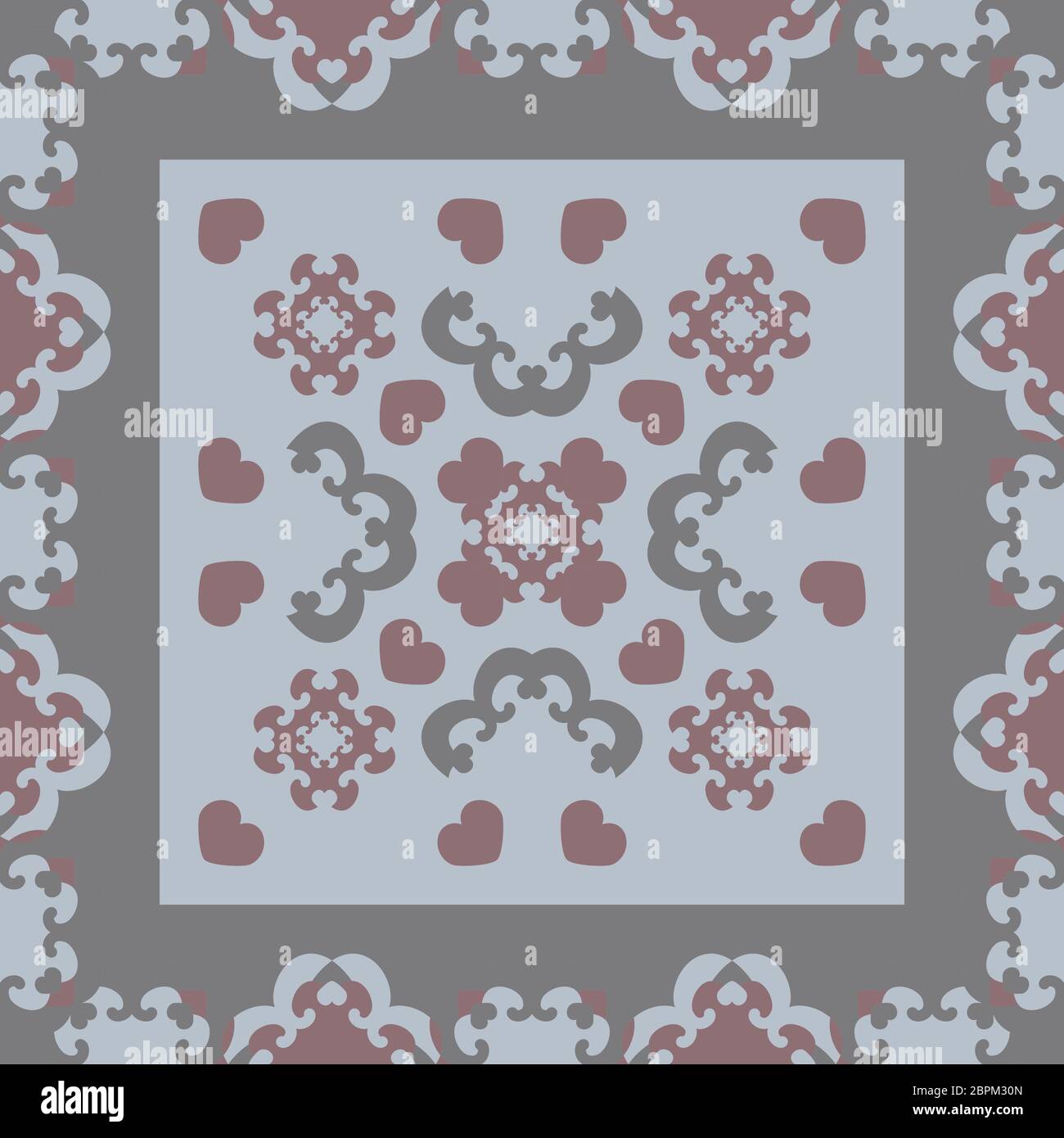 Seamless pattern. Fancy frame with hearts. Grey, light blue, and ...