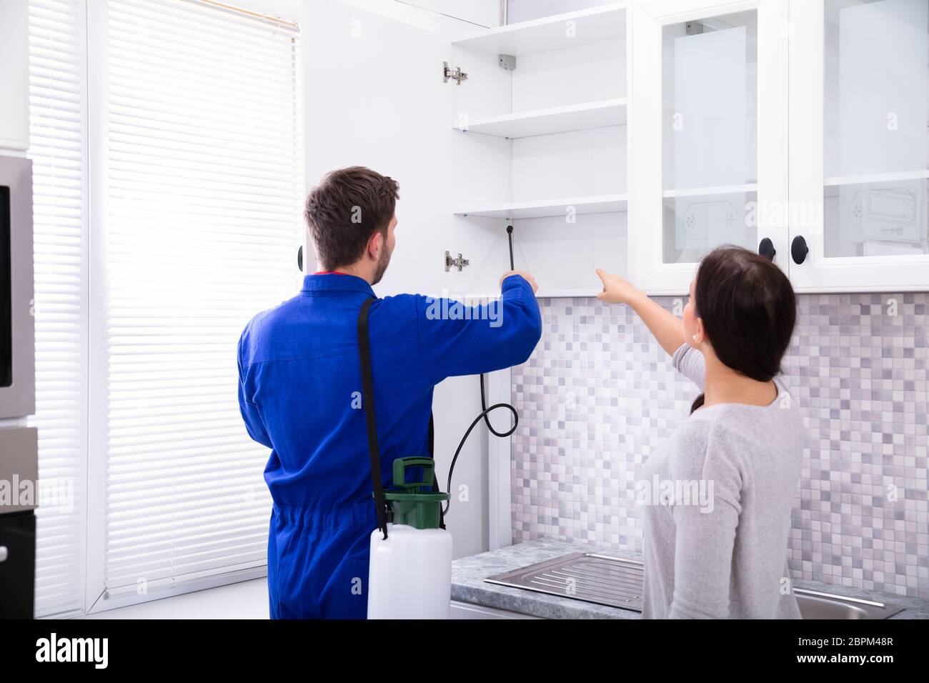 Woman Showing At Pest Control Worker Spraying Insecticide On Shelf Of ...