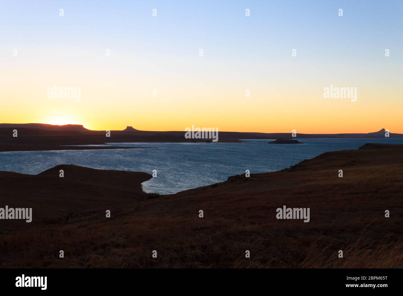 Sterkfontein Dam Nature Reserve dawn landscape, South Africa. African ...