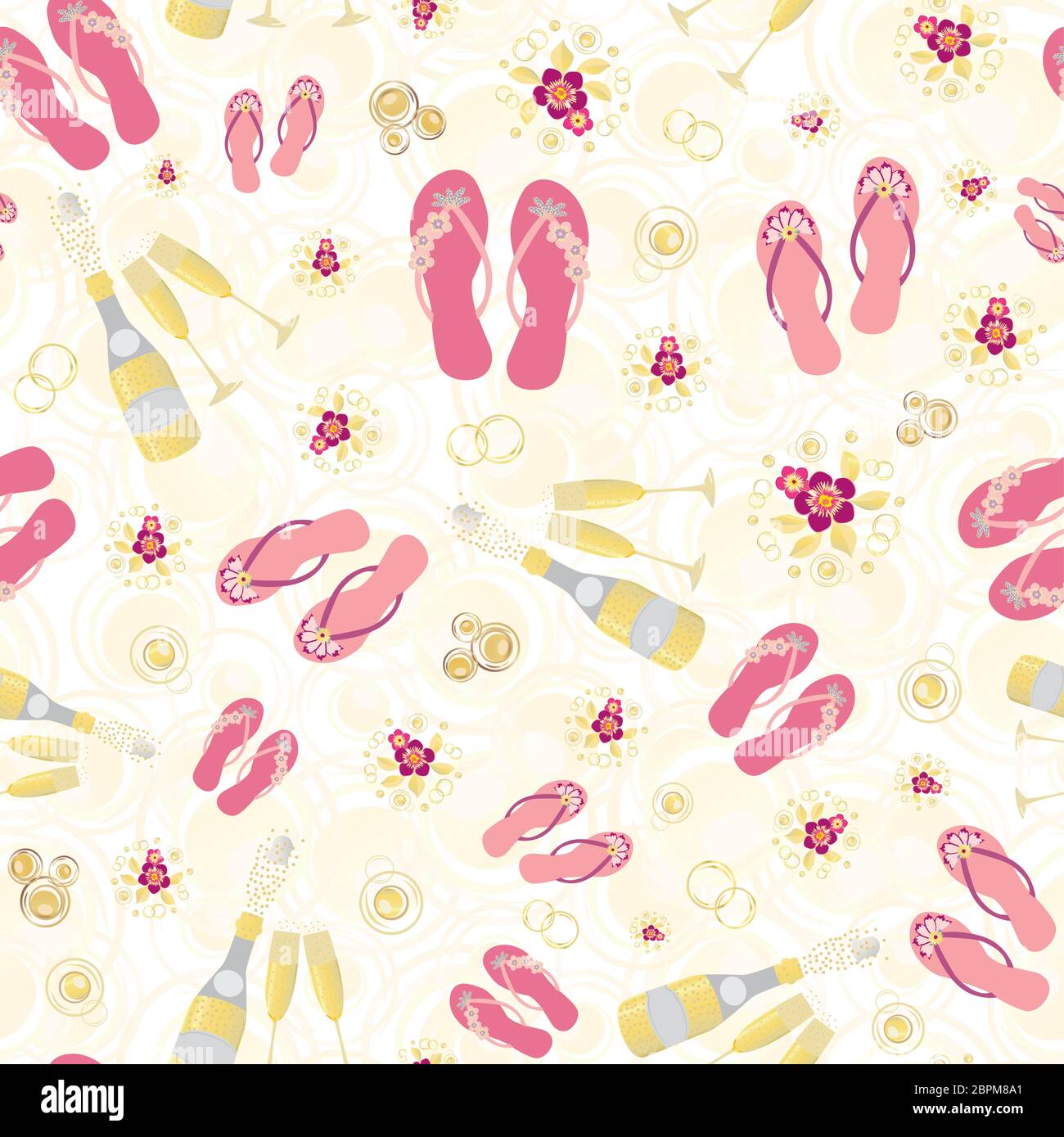 Flip flop shoe and Champagne bubbles vector seamless pattern background. Bottles, glasses, fizzy ...