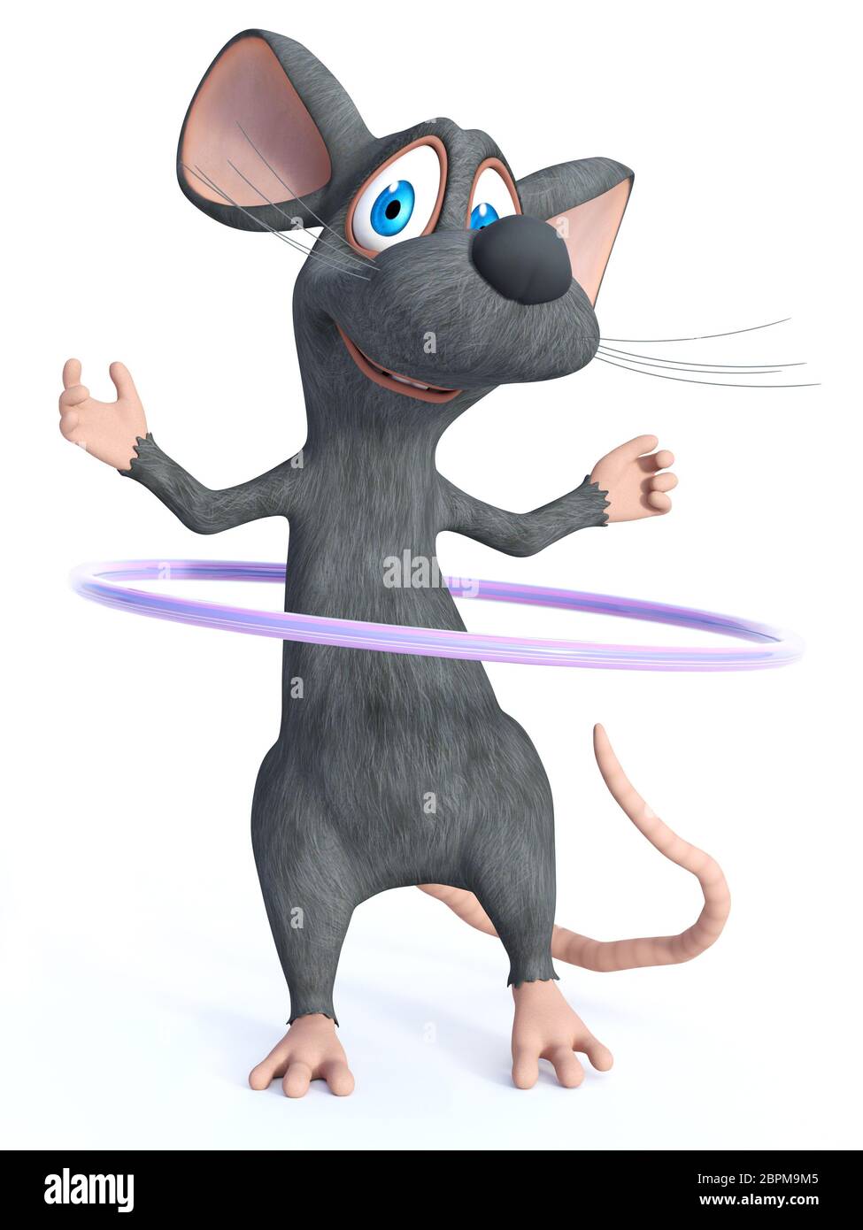 3D rendering of a cute smiling cartoon mouse exercising with a hula ...