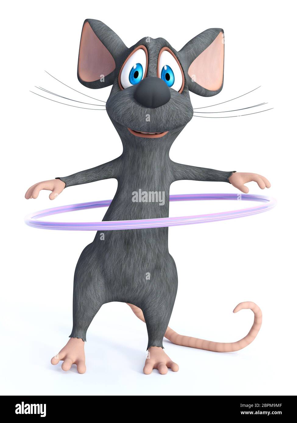 3D rendering of a cute smiling cartoon mouse exercising with a hula ...