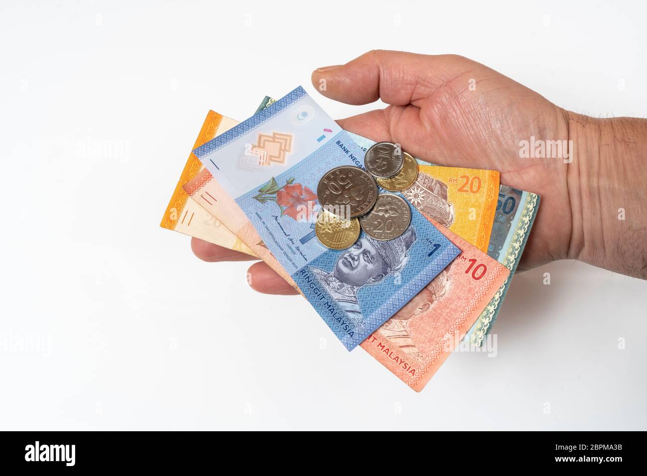 some Malaysian Ringgit banknotes and coins in the hand Stock Photo - Alamy