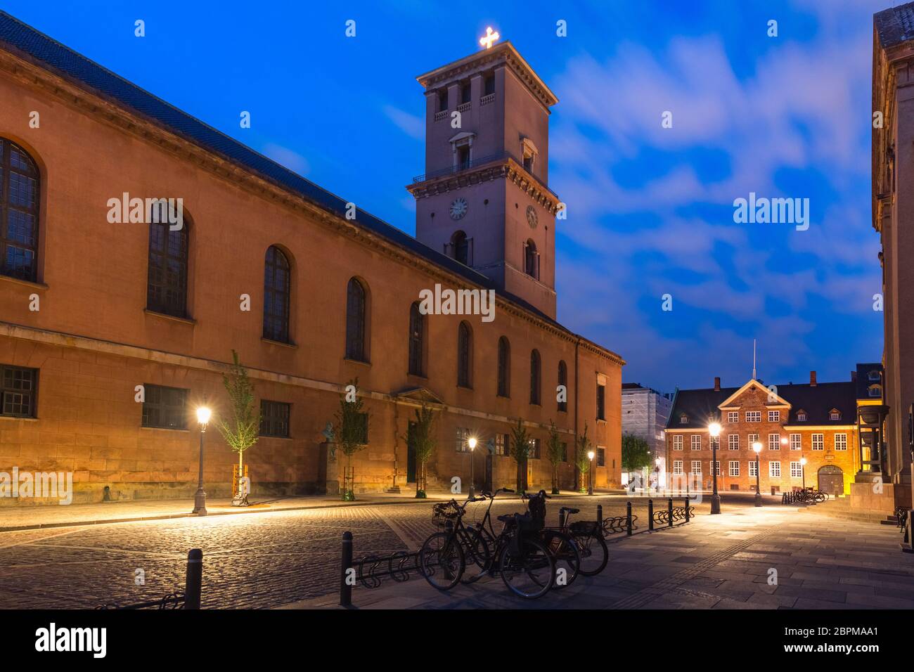 Church of Our Lady and public square Frue Plads during morning blue ...