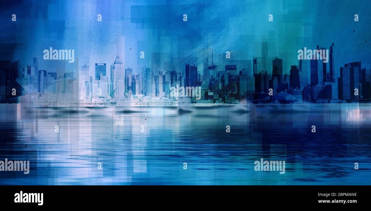 Modern Art. Manhattan, New York panorama in vivid blue colors Stock ...