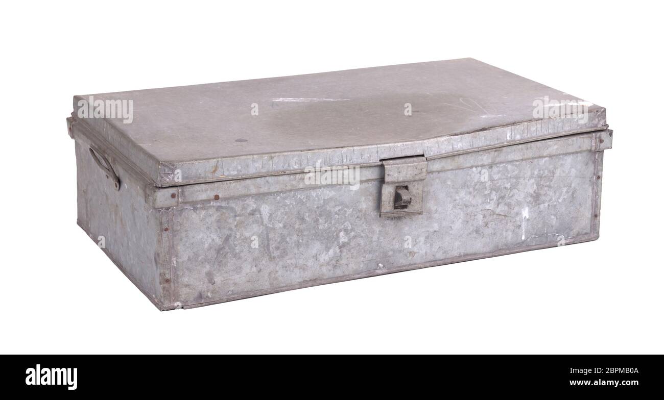 Old metal box isolated on white background - Used for shipping goods ...