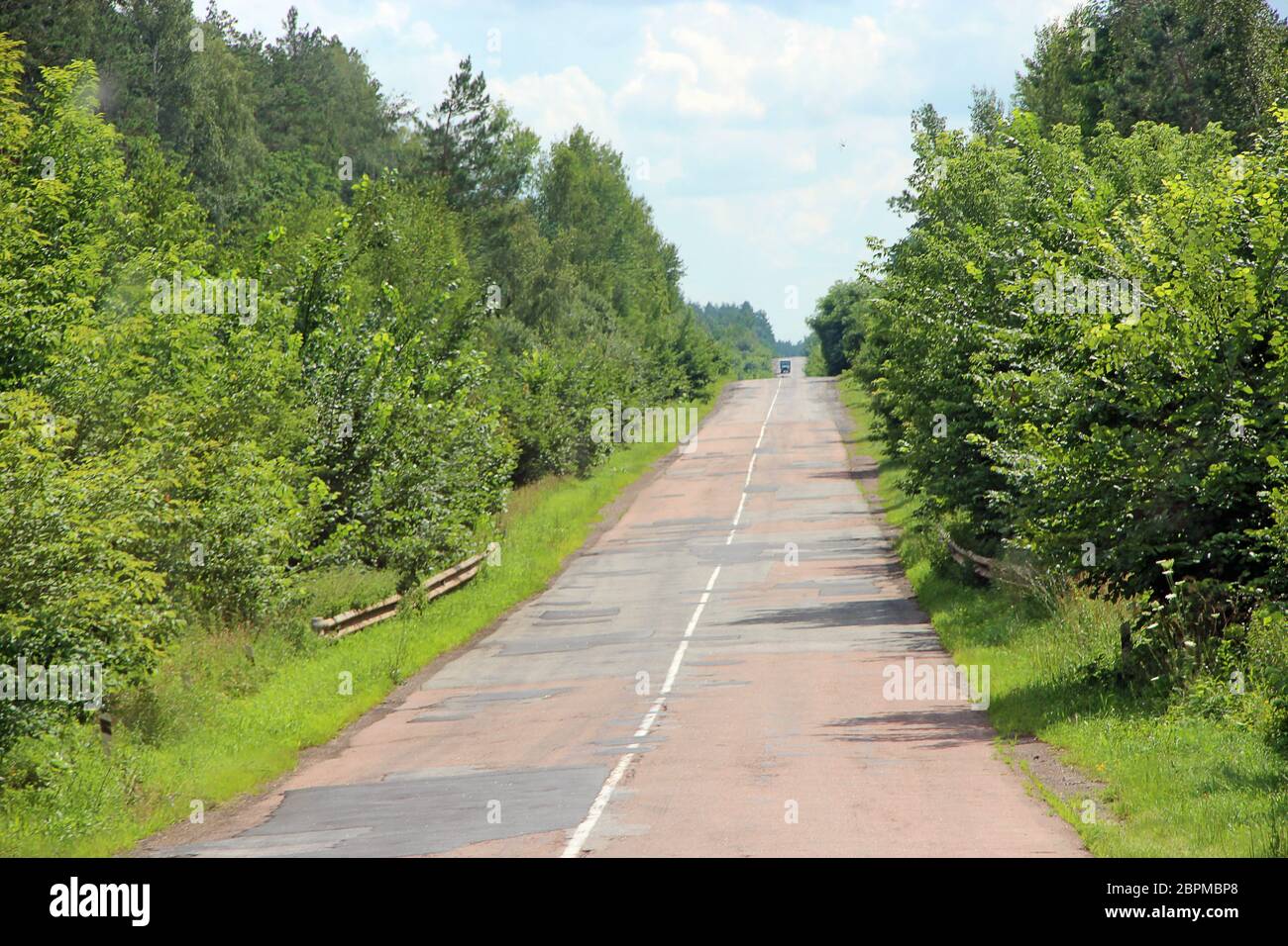 Empty asphalted road and green roadsides with bushes. Empty highway ...