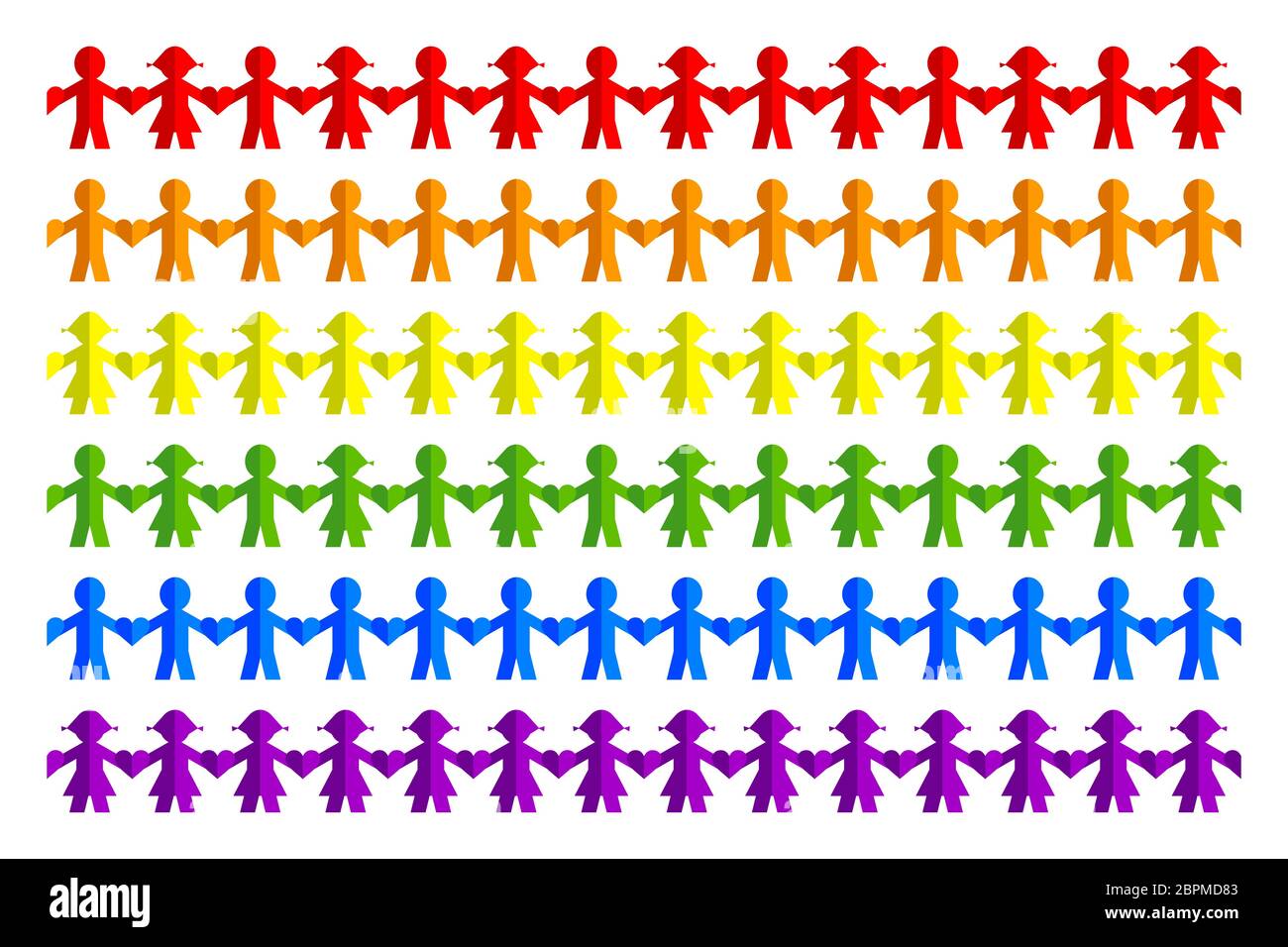 Rainbow flag made of a chain of colored paper people figures standing ...
