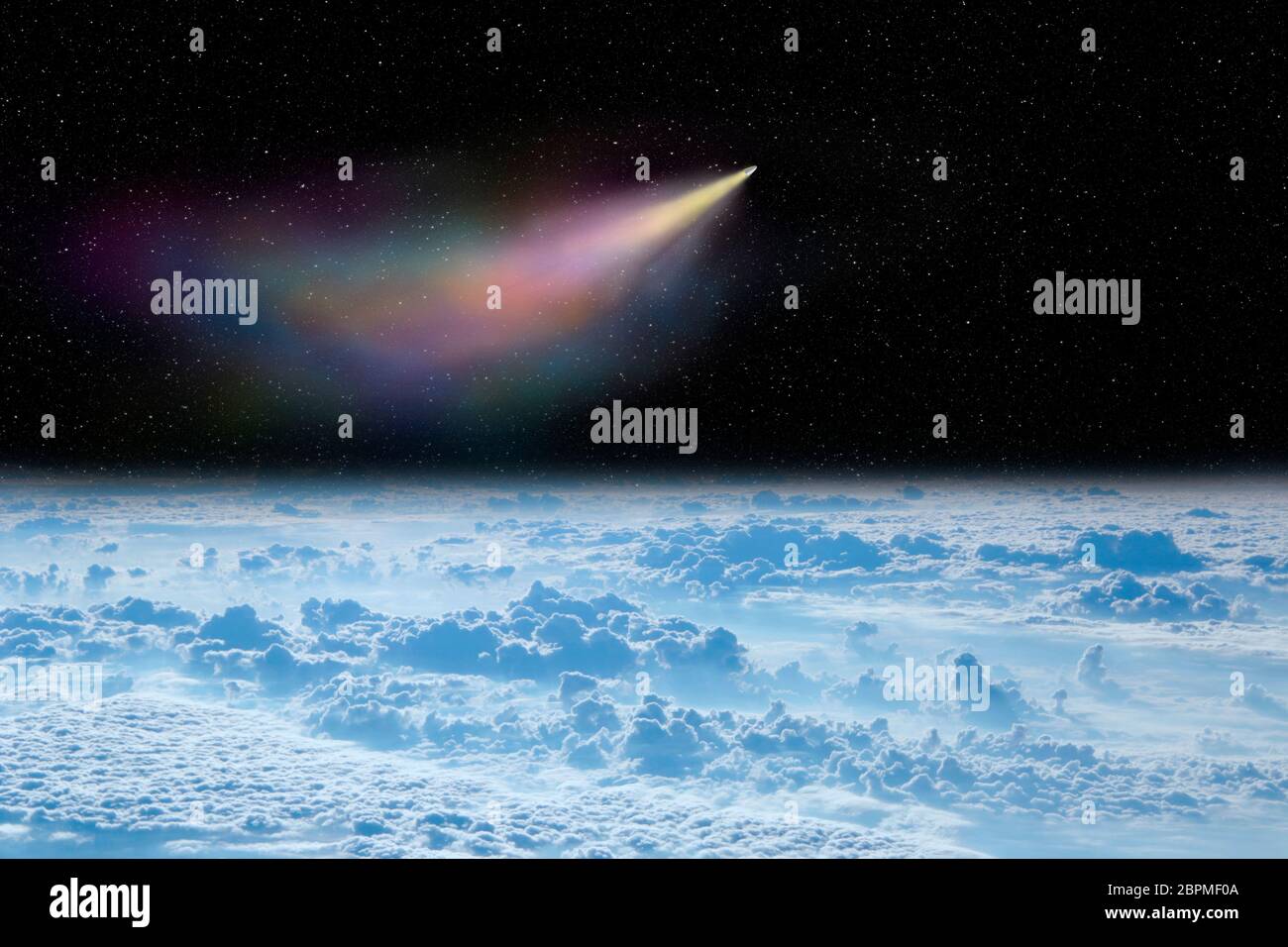 Comet flying in space over white clouds. Comet flying in space over ...