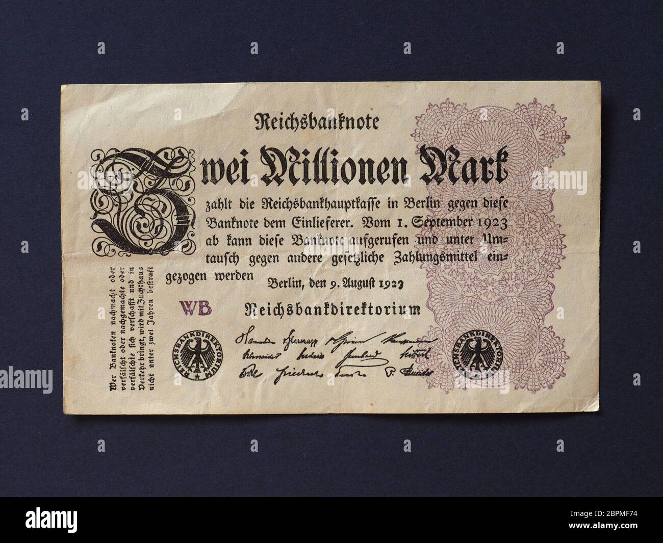Zwei Millionen Mark (meaning Two Million Mark) year 1923 banknote ...