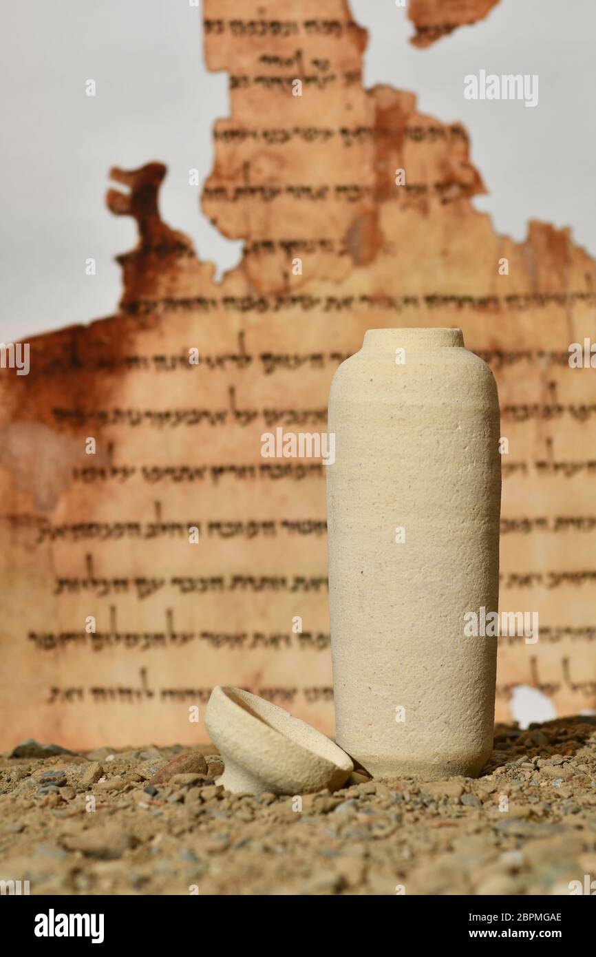 A model of a Jar used for the Dead Sea scrolls against a blurred ...