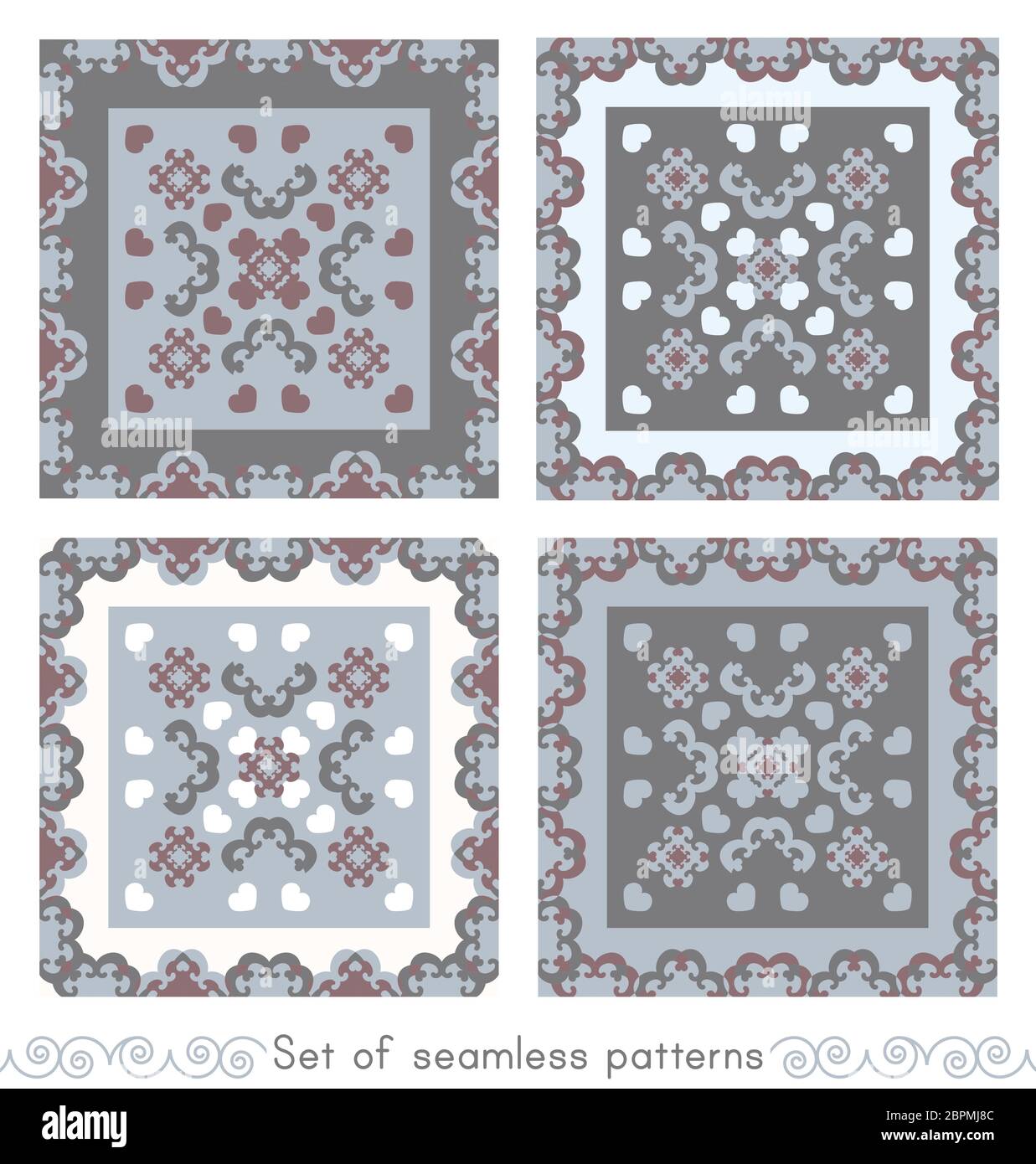 Set of seamless patterns. Fancy frame with hearts. White, grey, light ...