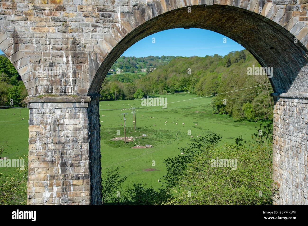 View through an arch of the Chirk railway viaduct from a narrowboat on ...