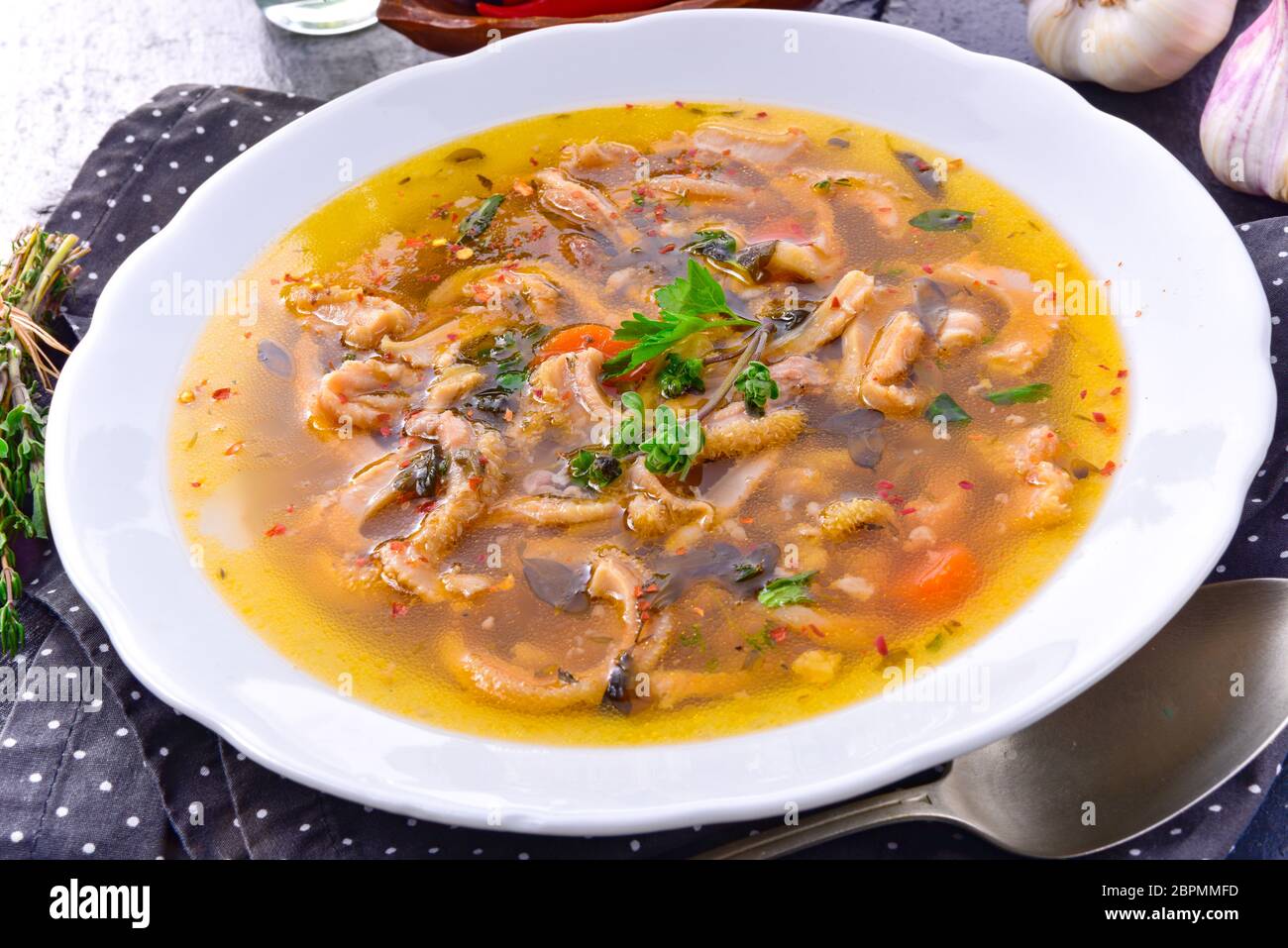 Traditional tripe soup in polish style with beef and vegetables Stock ...