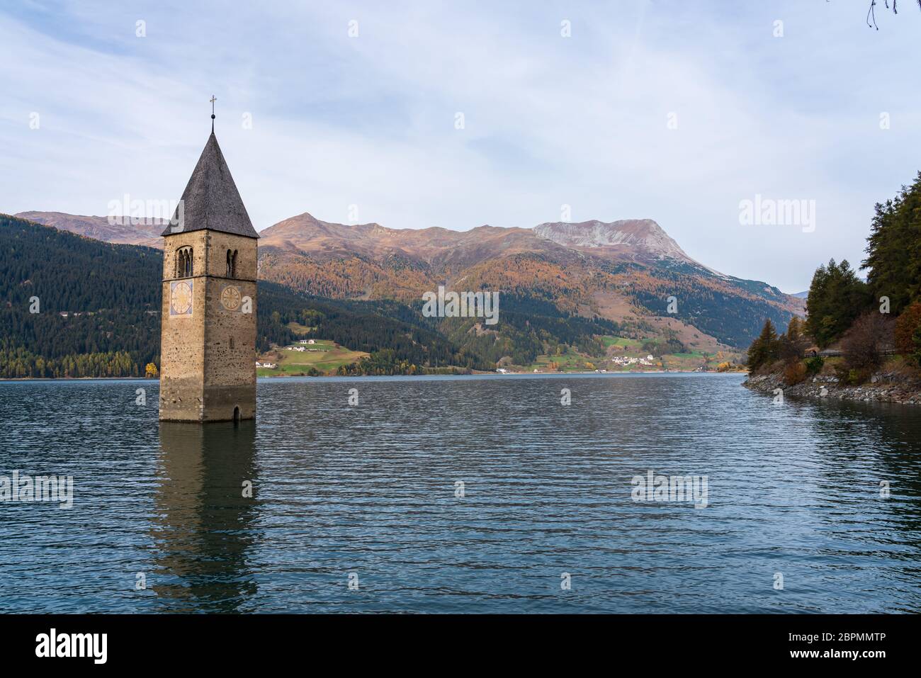 The famous bell tower in the Lake of Reschen - Lago di Resia in South ...