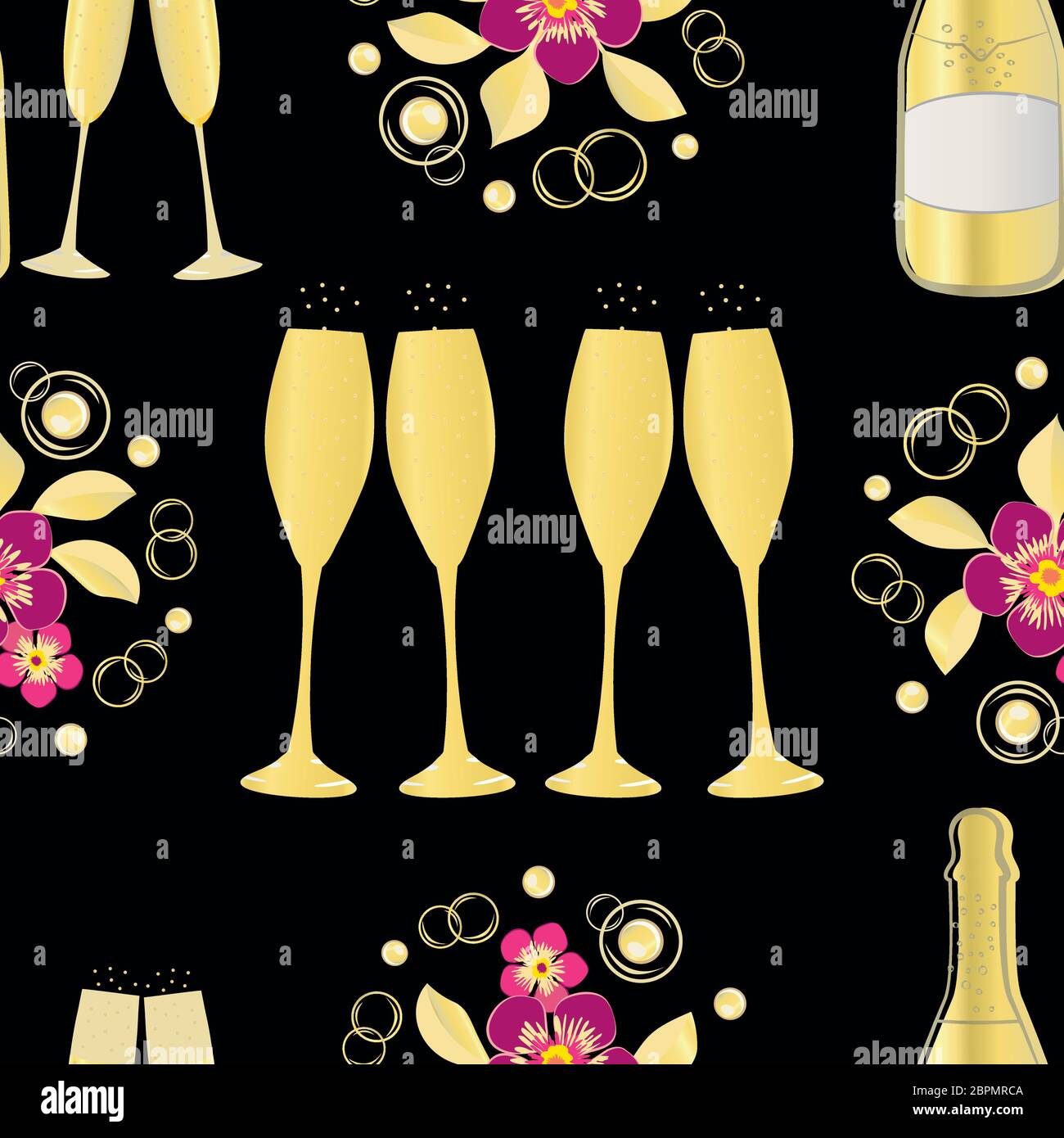 Champagne icons vector seamless pattern background. Elegant bottles, glasses, fizzy bubbles and ...